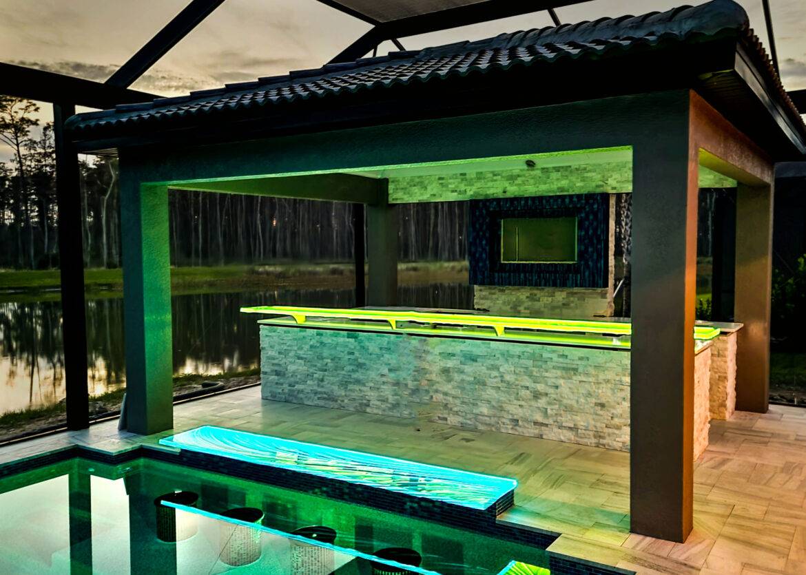 Swim Up Pool Bar Design With Glass Bar Tops